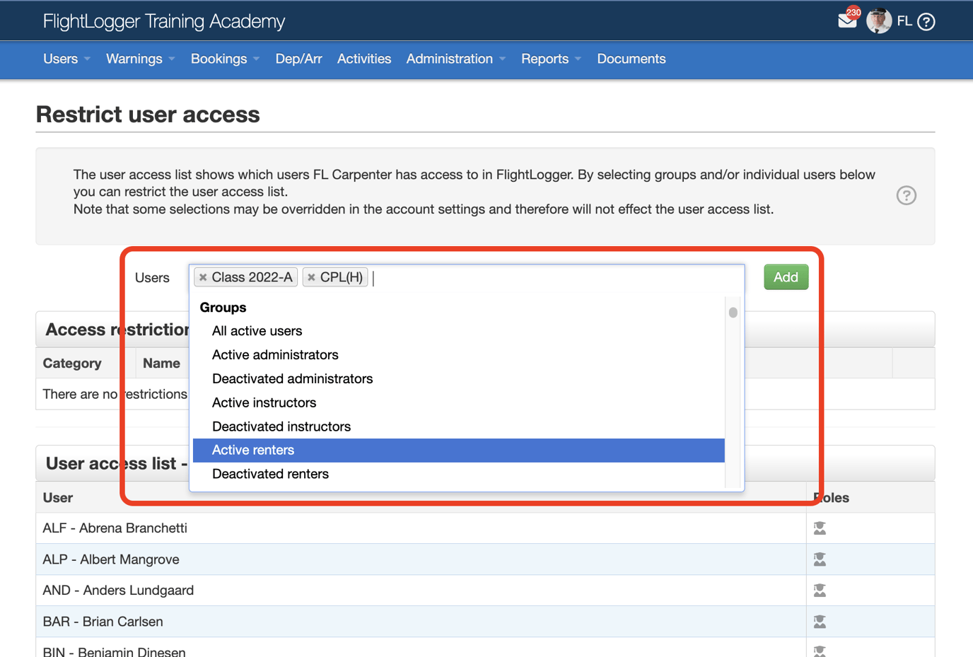 Restricting user access for individual users